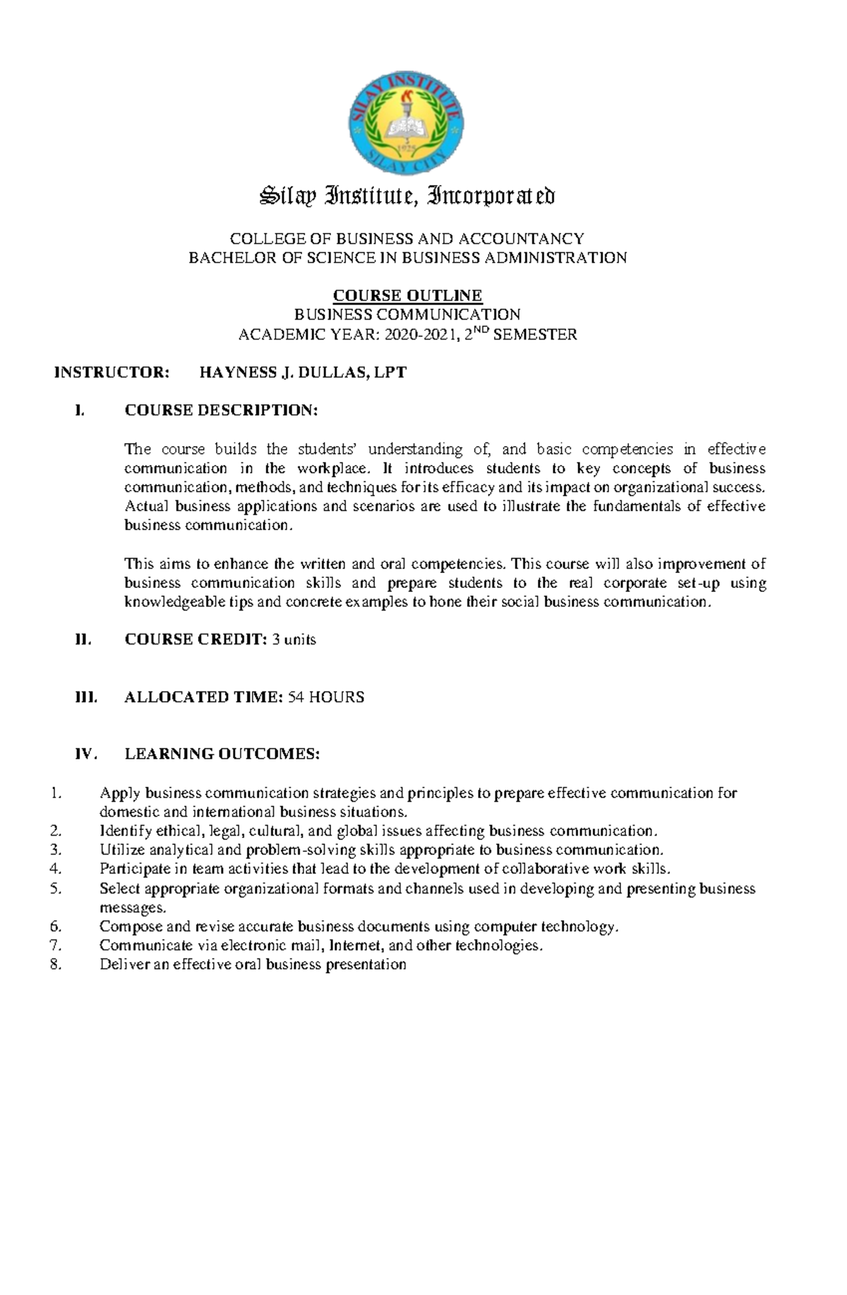 BCOM Course Outline - A guideline. - Silay Institute, Incorporated ...