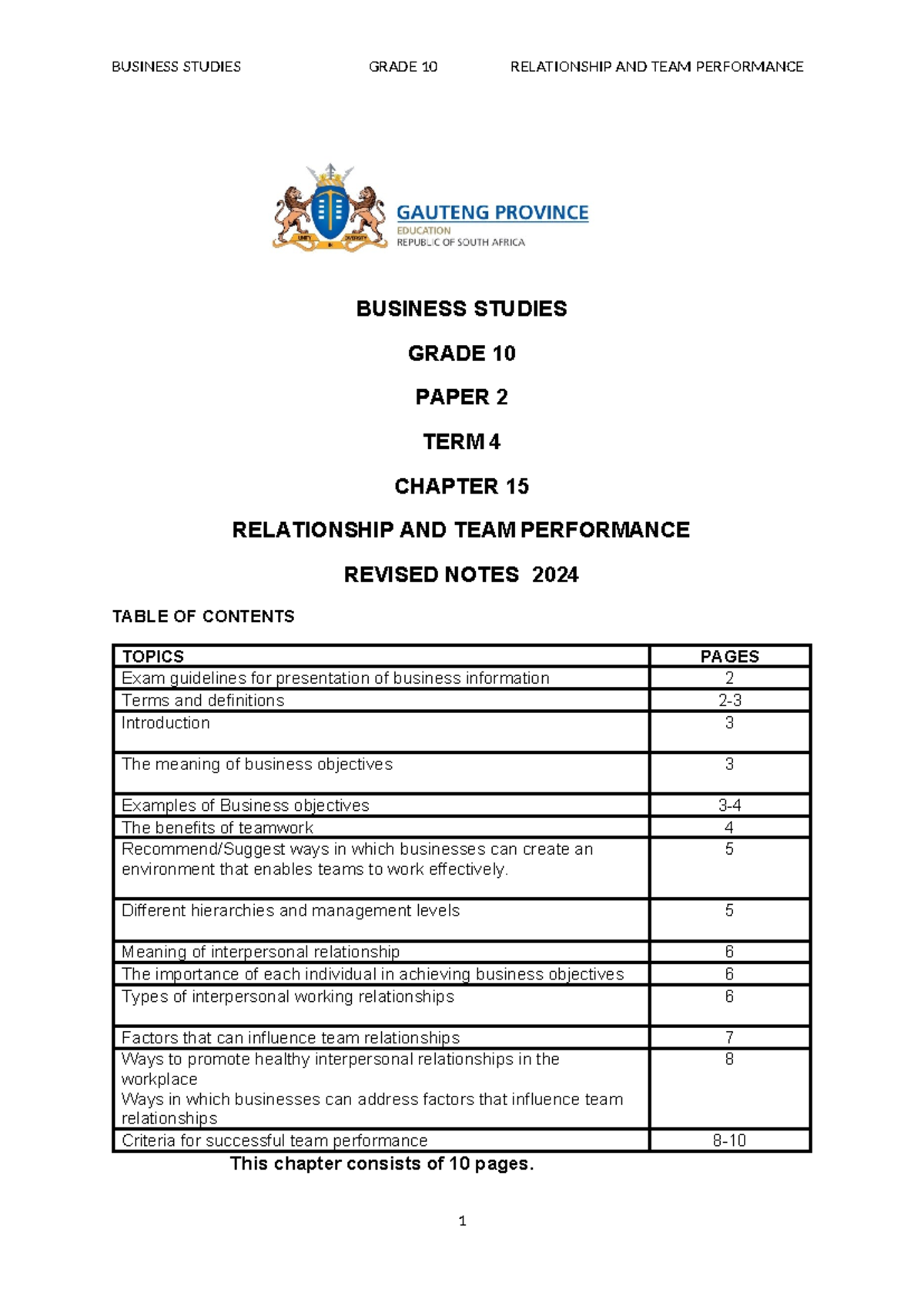 Grade 10 Chapter 15 Relationship and Team management - BUSINESS STUDIES ...