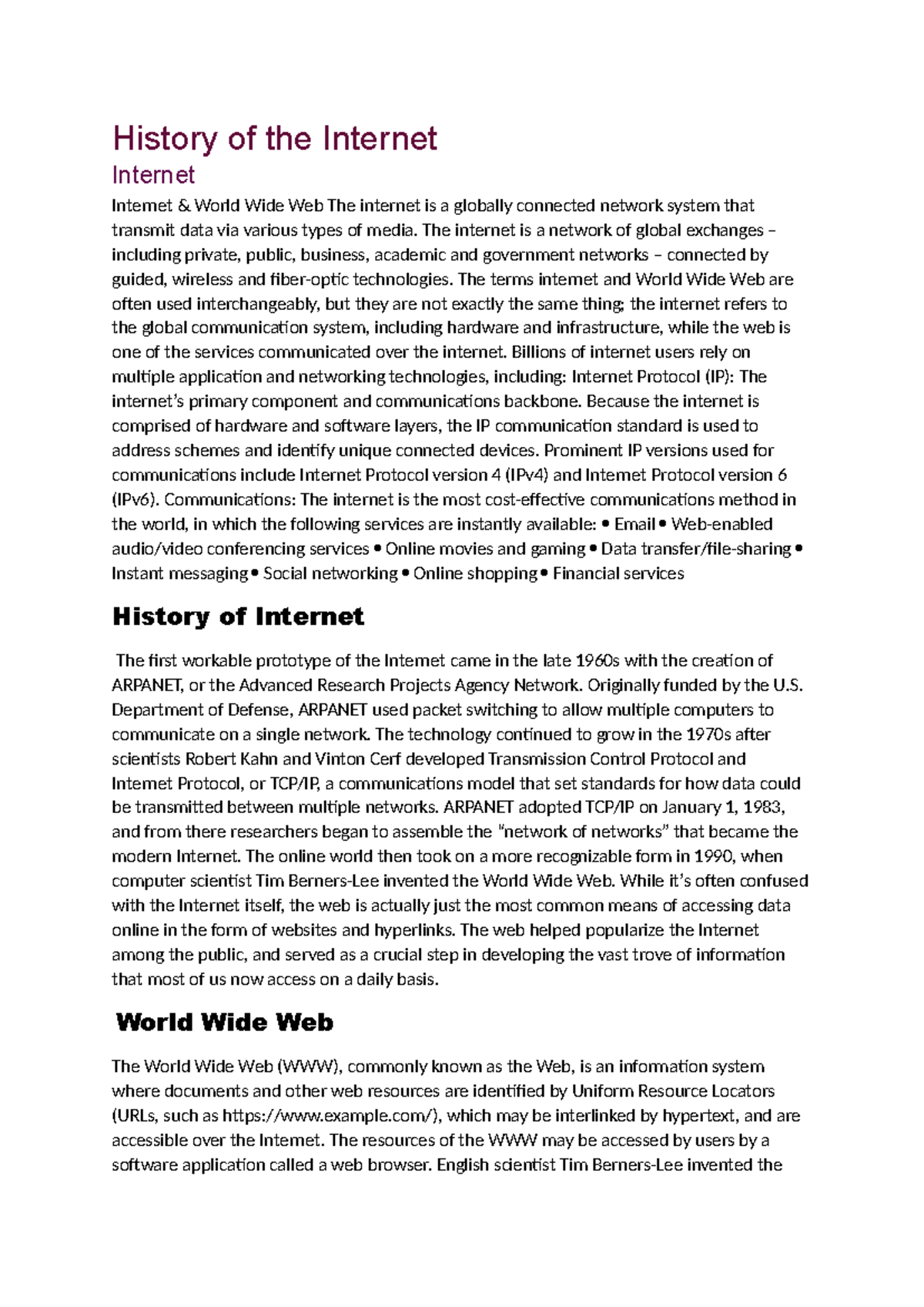 Webtech 3 - History of Internet Notes - History of the Internet ...