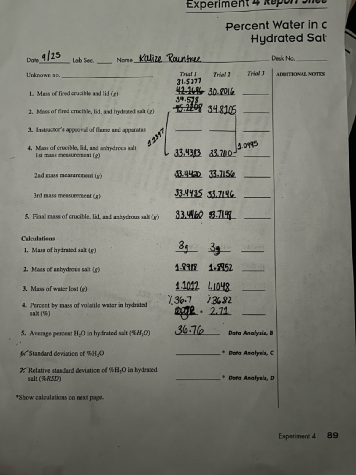 Lab report 2 - Experiment 4 Report Percent Water in C Hydrated Sal Date ...