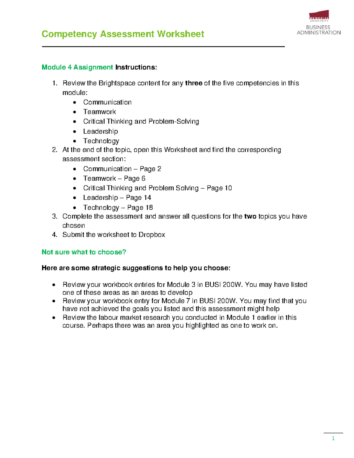 Competency Assessment Worksheet - Module 4 Assignment Instructions: 1. Review the Brightspace ...