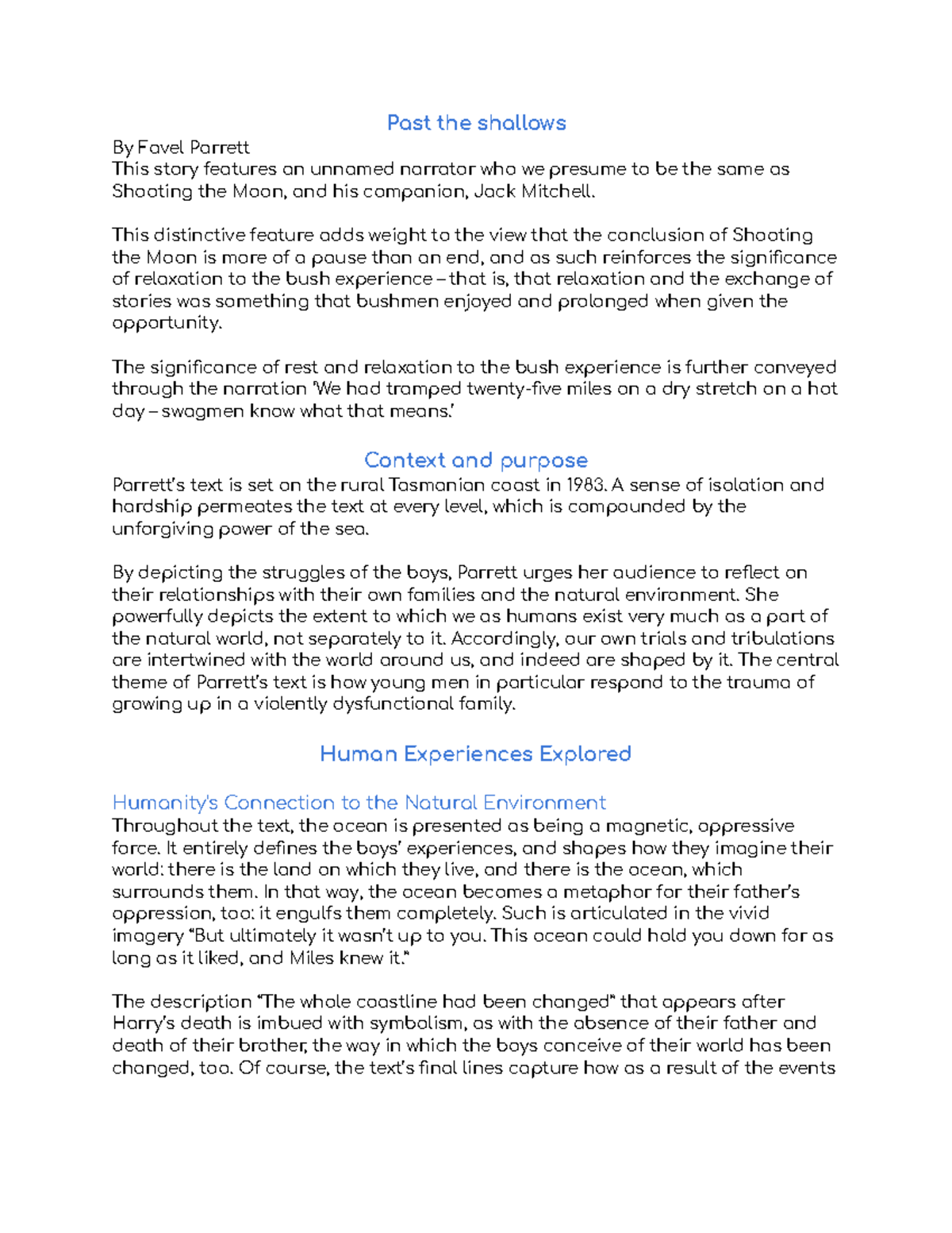 Past The Shallows - Notes - Past the shallows By Favel Parrett This ...