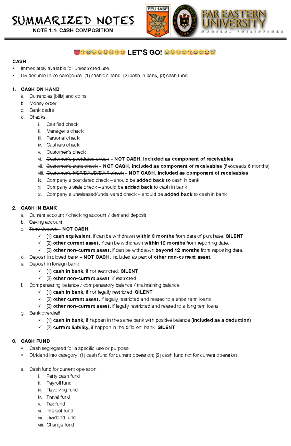 NOTE1 CASH AND CASH Equivalents - SUMMARIZED NOTES NOTE 1: CASH ...