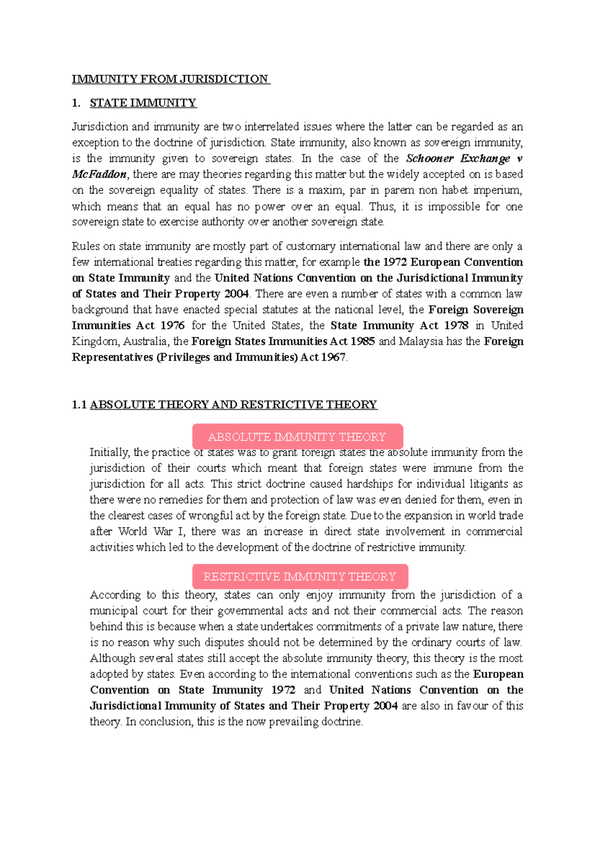 3 - State Immunity - IMMUNITY FROM JURISDICTION 1. STATE IMMUNITY ...