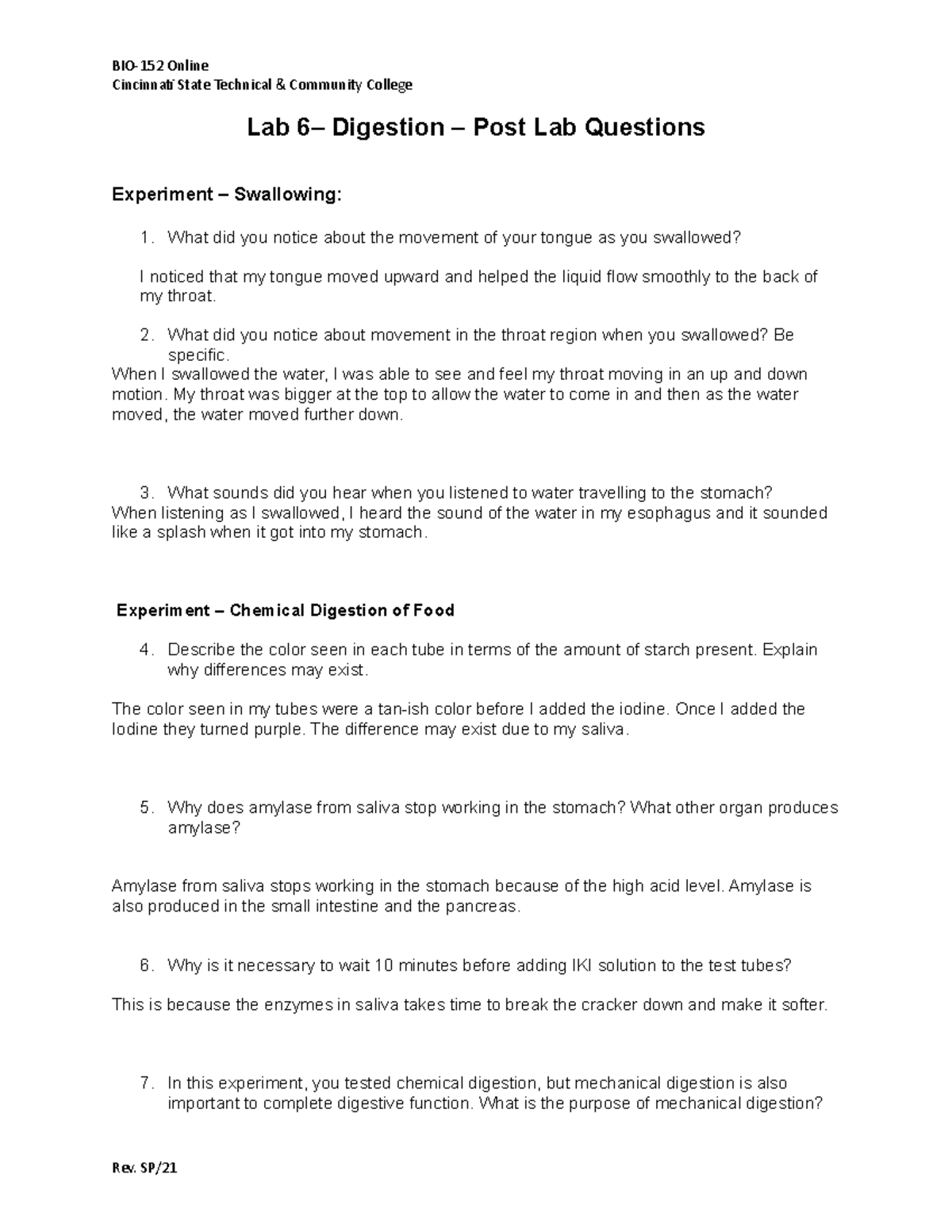 Lab6 postlab questionsdup - BIO-152 Online Cincinnati State Technical ...