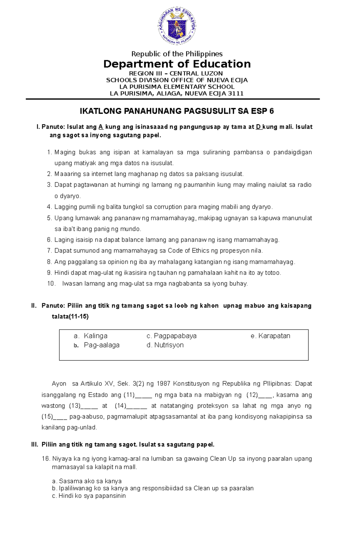 3RD PT ESP6 - 3rd PT - Republic of the Philippines Department of Education REGION III – CENTRAL ...