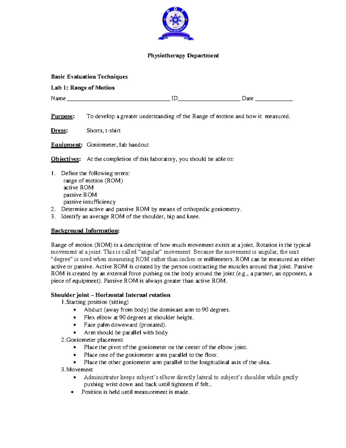 Lab 1 basic evaluation - Range of motion (ROM) is a description of how ...