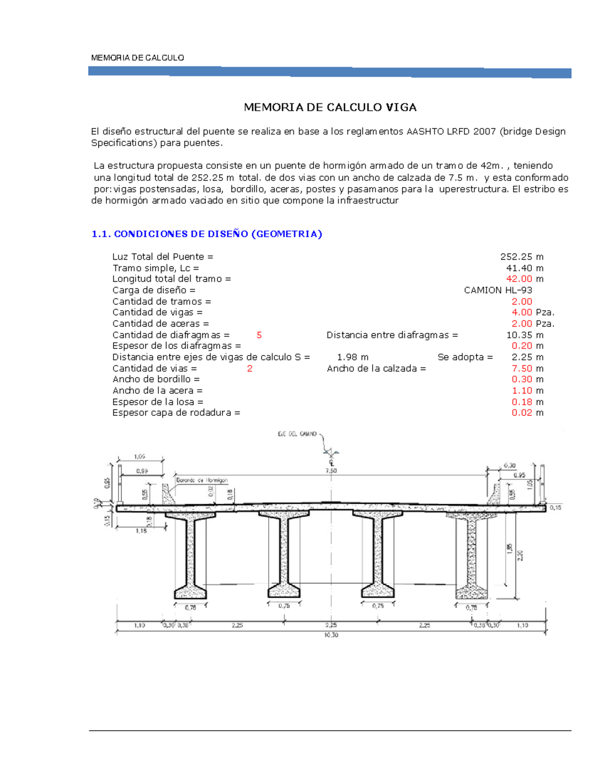 Memo LRFD 2007 42m - memoria de calculo de puente de 42 m con la norma ...
