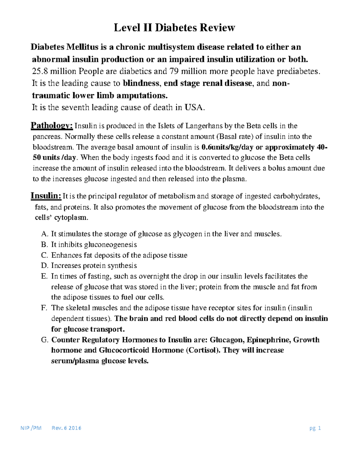 Level II Diabetic Review - Diabetes Mellitus is a chronic multisystem ...