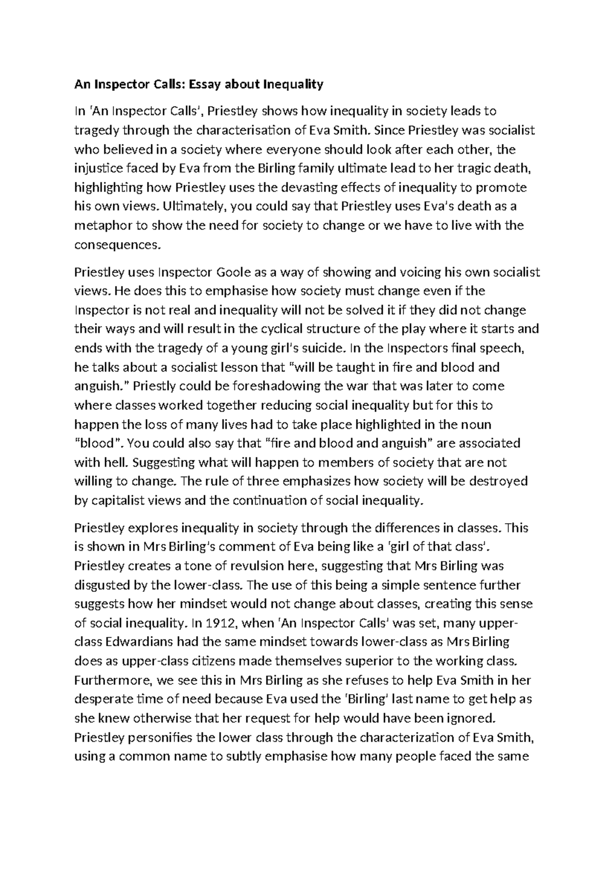 Inequality In An Inspector Calls - Model Essay - An Inspector Calls ...