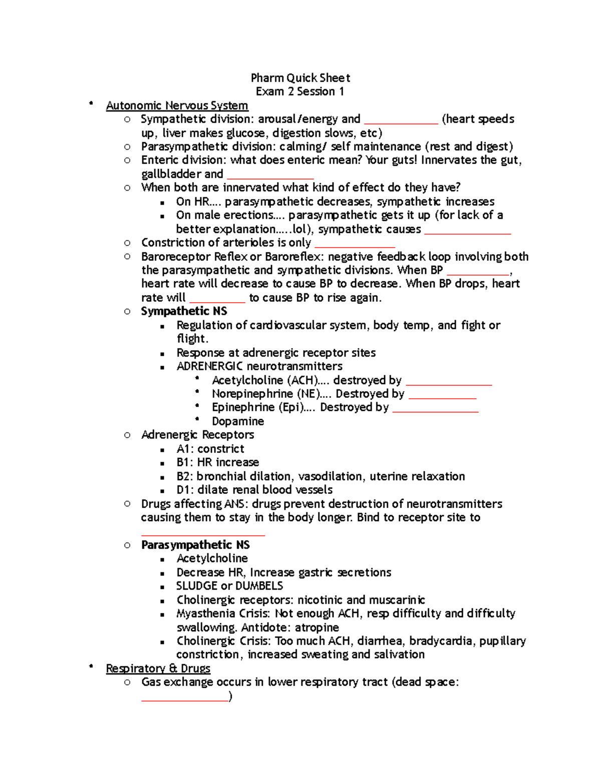 Exam 2 Quick Sheet Blanks - Pharm Quick Sheet Exam 2 Session 1 ...
