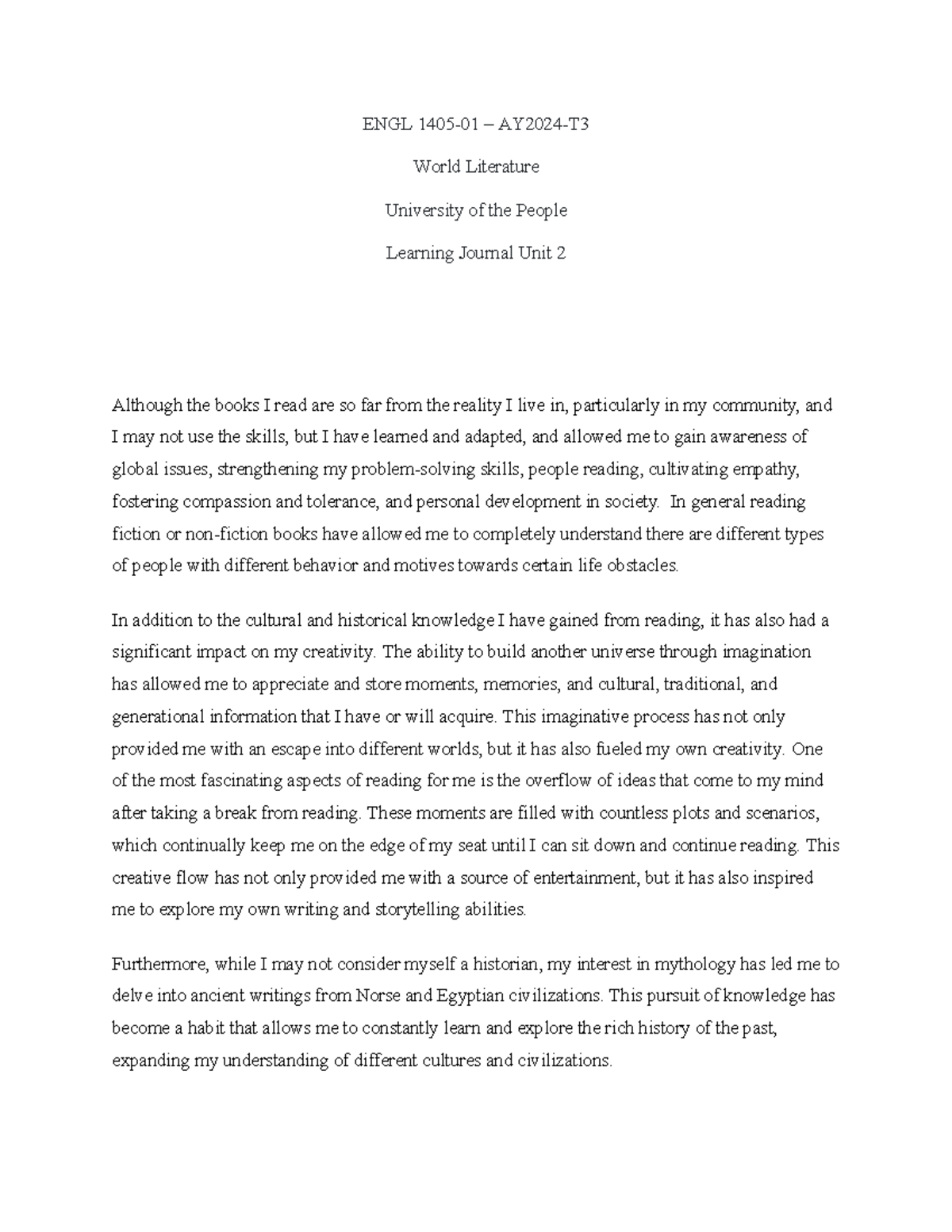 Learning Journal Unit 2 - ENGL 1405-01 – AY2024-T World Literature University of the People ...