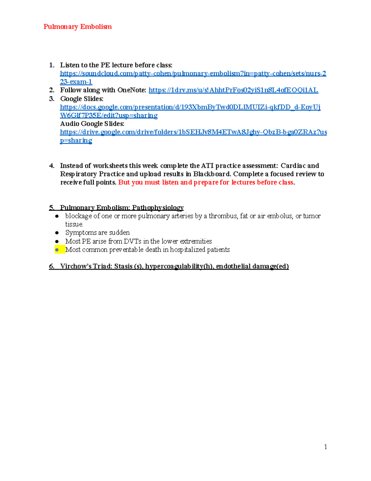 W3 PE - Pulmonary Embolism study guide - Listen to the PE lecture ...