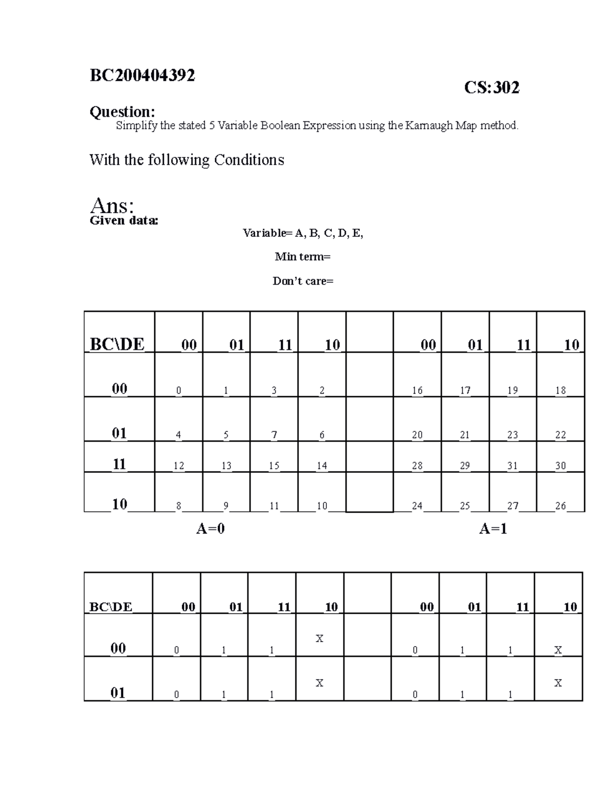 Moiz nisar - nothing - BC CS: Question: Simplify the stated 5 Variable Boolean Expression using ...