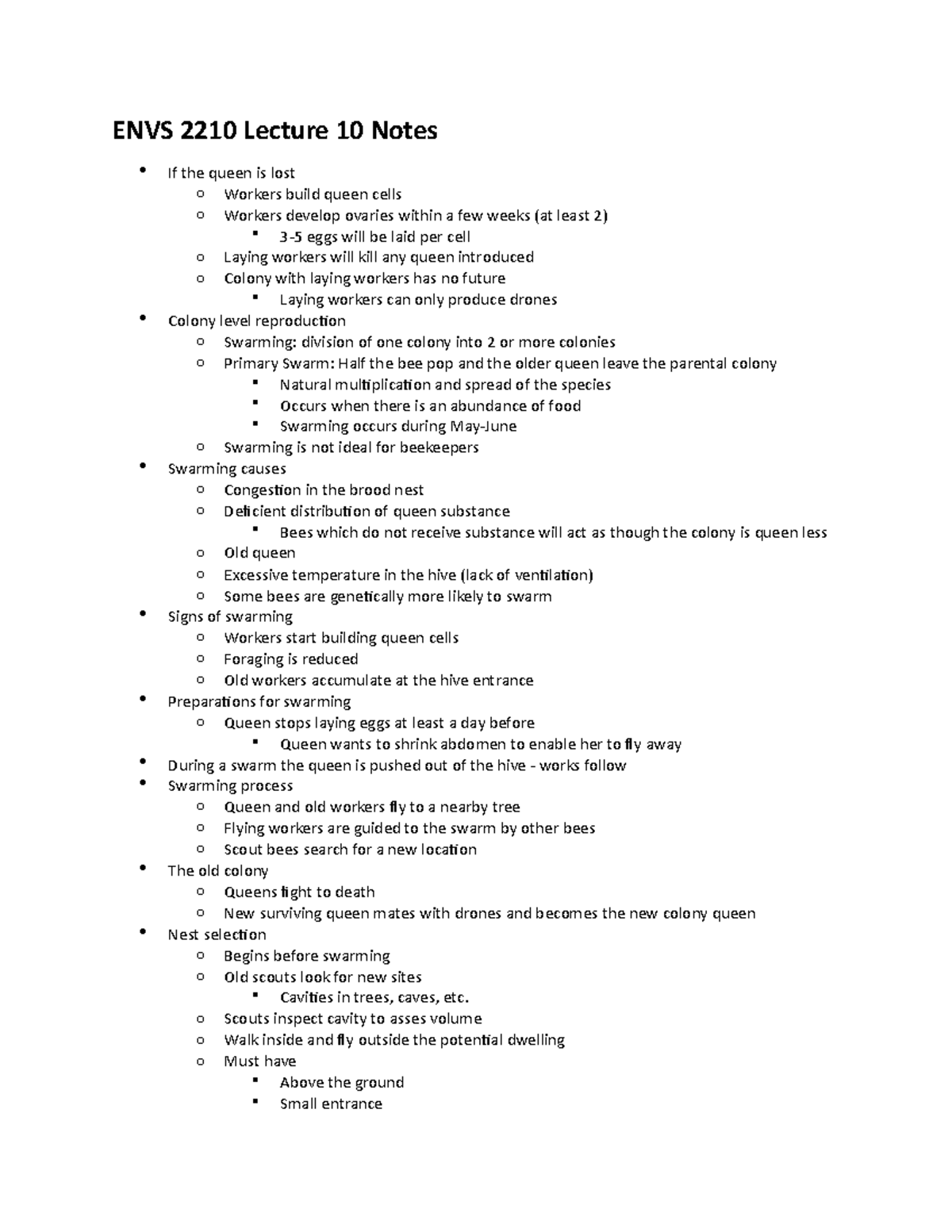 ENVS 2210 Lecture 10 Notes - ENVS 2210 Lecture 10 Notes If the queen is ...
