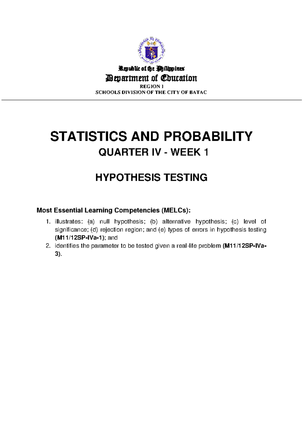 STAT-11 Q4 Wk1 - Q4 Week 1 of Statistics and Prob. - Republic of the ...