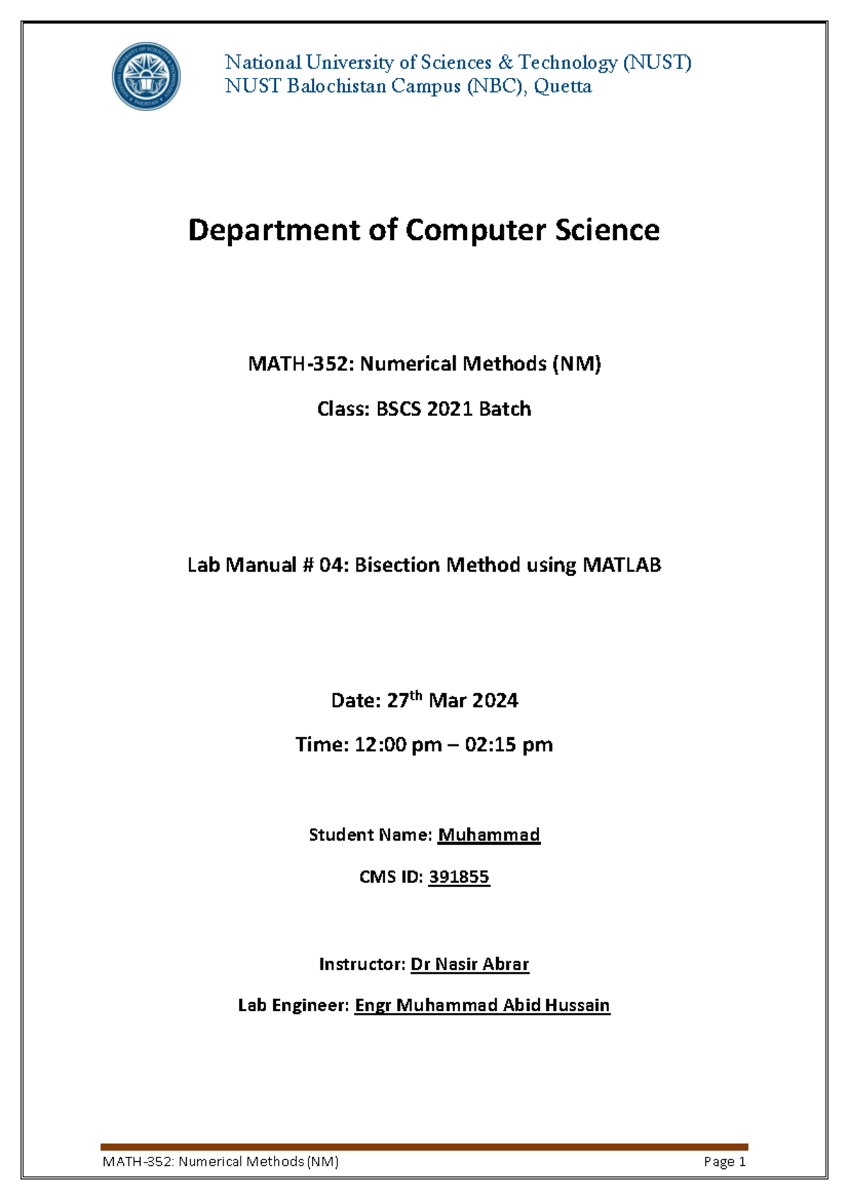 Muhammad 391855 NM Lab Manual 04 - NUST Balochistan Campus (NBC), Quetta Department of Computer ...