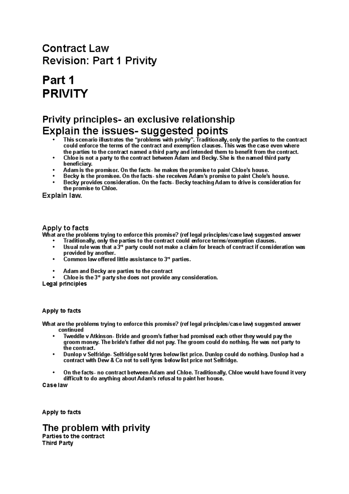 Contract Law revision 2 part 1 - Contract Law Revision: Part 1 Privity ...