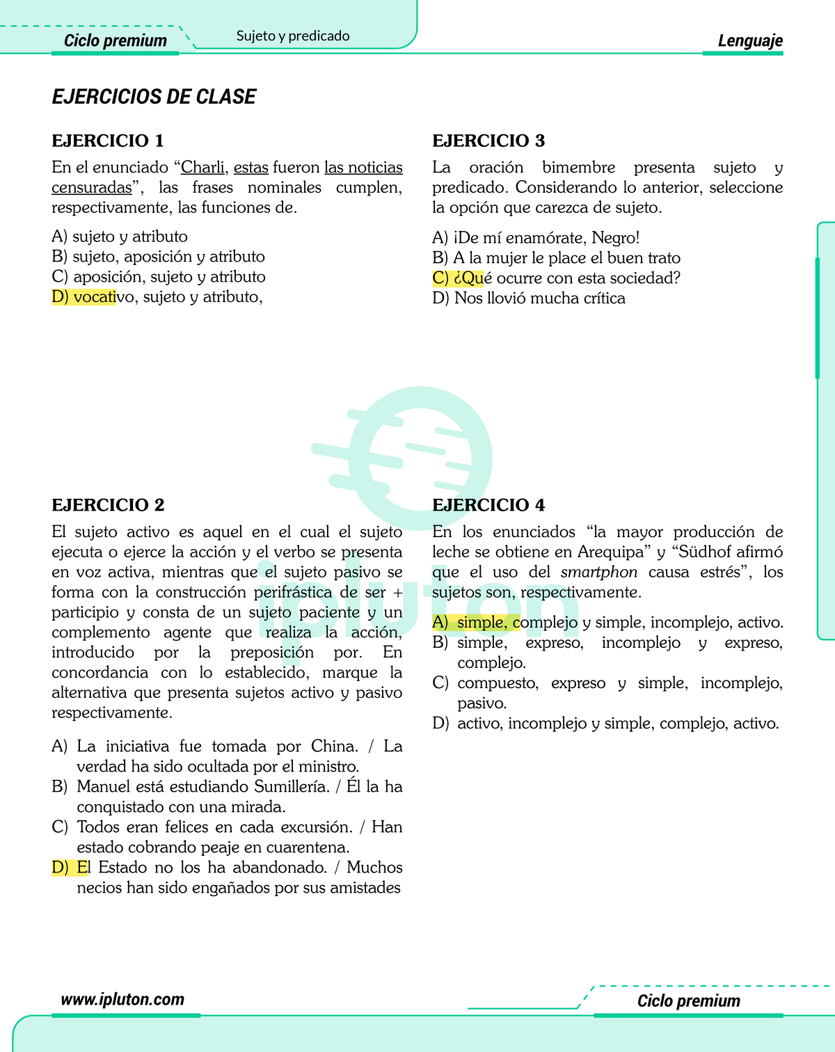2018 58 oracion sujeto predicado 9DUQE0 - ipluton Ciclo premium EJERCICIO 1 A) sujeto y atributo ...