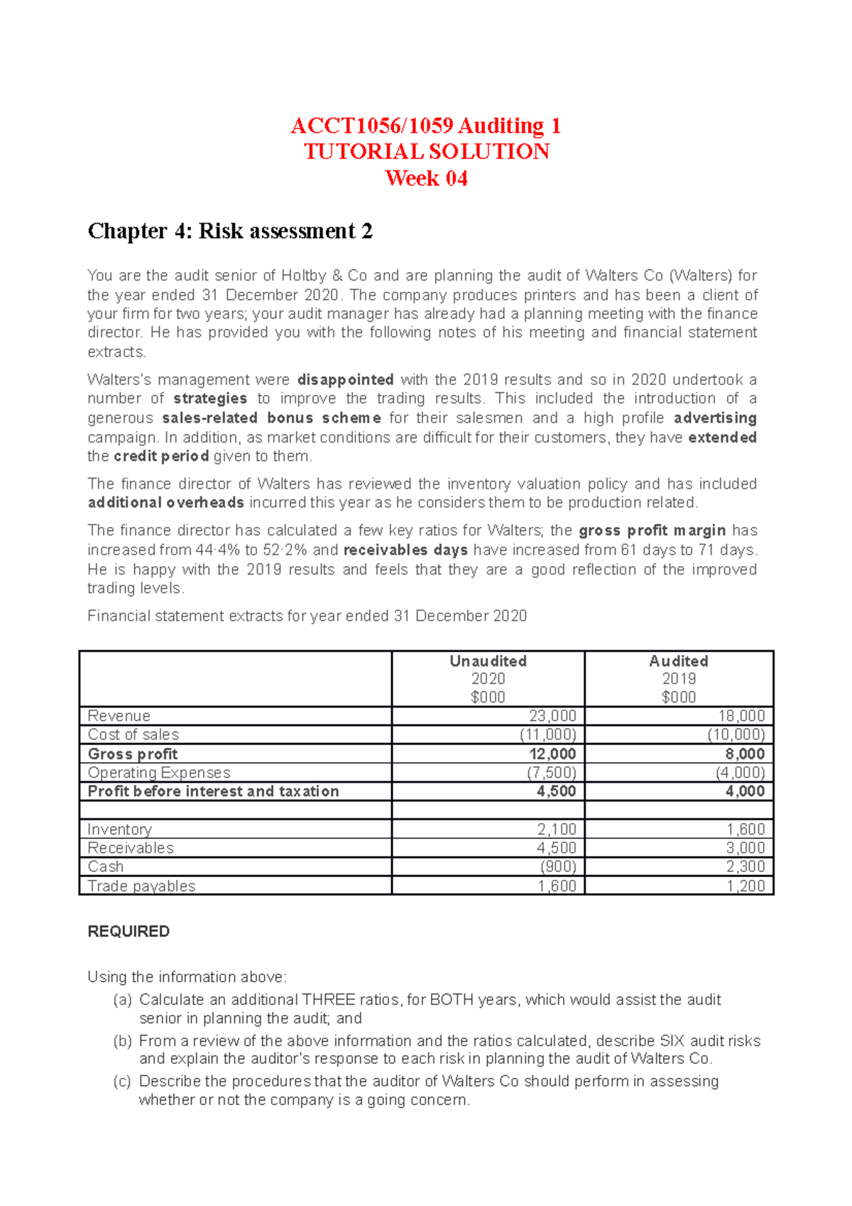 Week 4 Tutorial Solution Acct1056 1059 Auditing 1 Tutorial Solution Week 04 Chapter 4 Risk
