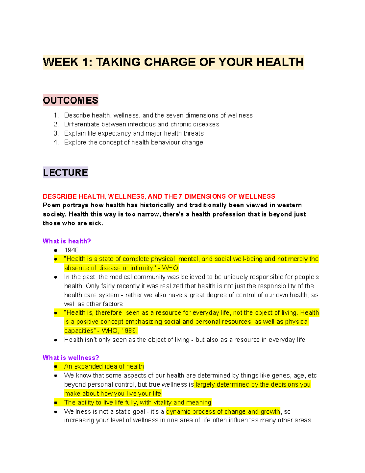 Health sci 1001 lecture notes - WEEK 1: TAKING CHARGE OF YOUR HEALTH ...
