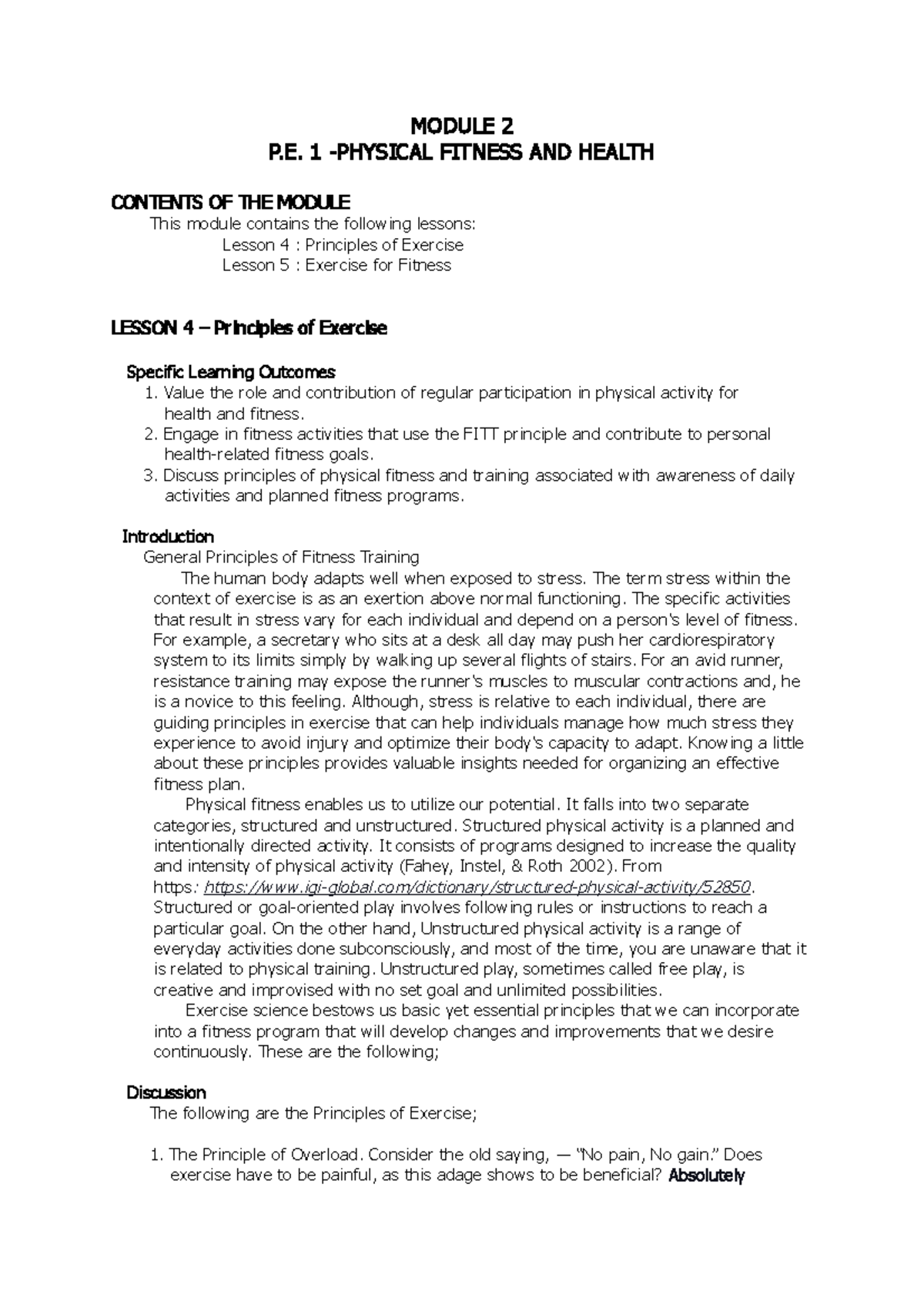PE 1 Module 2 - MODULE 2 P. 1 -PHYSICAL FITNESS AND HEALTH CONTENTS OF ...