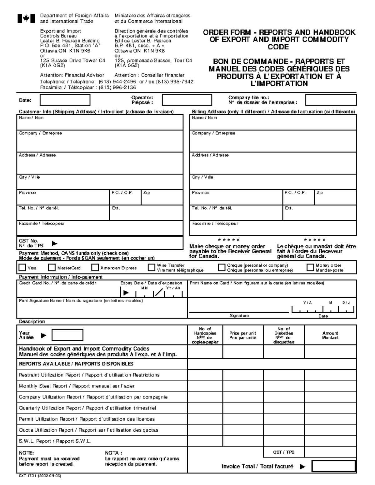Order Form - Reports and Handbook - No. of Diskettes N de disquettes ...