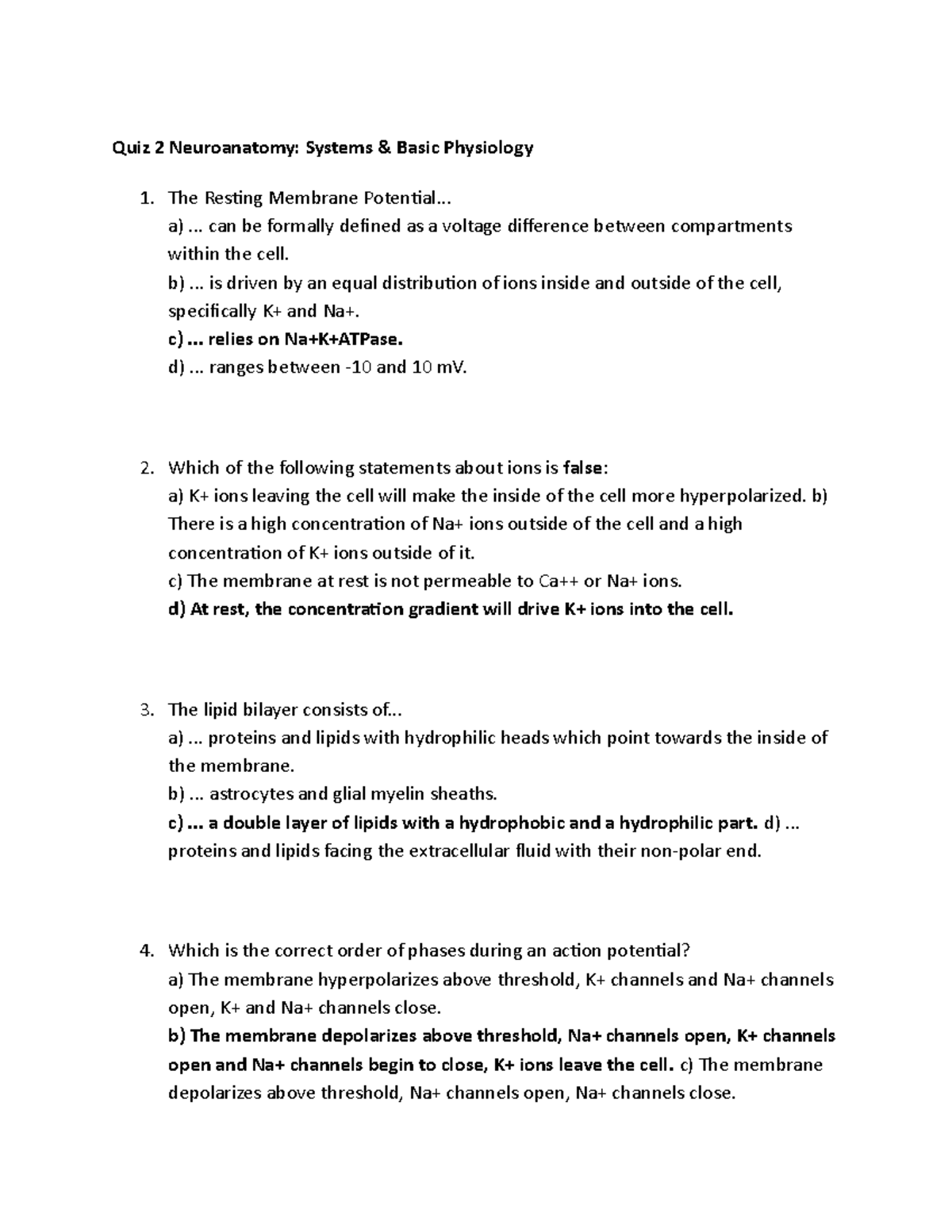 Quiz 2 Neuroscience - Quiz 2 Neuroanatomy: Systems & Basic Physiology ...
