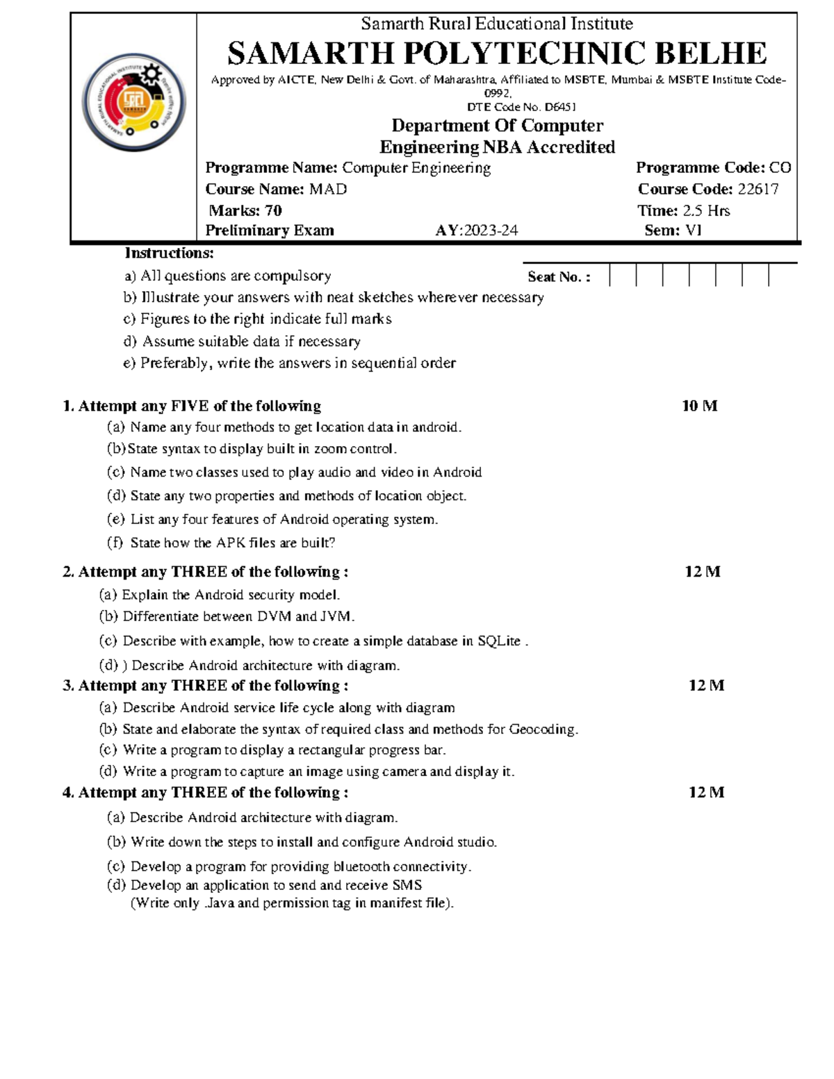 MAD-Prelimanary VI - Model question paper - Samarth Rural Educational Institute SAMARTH ...
