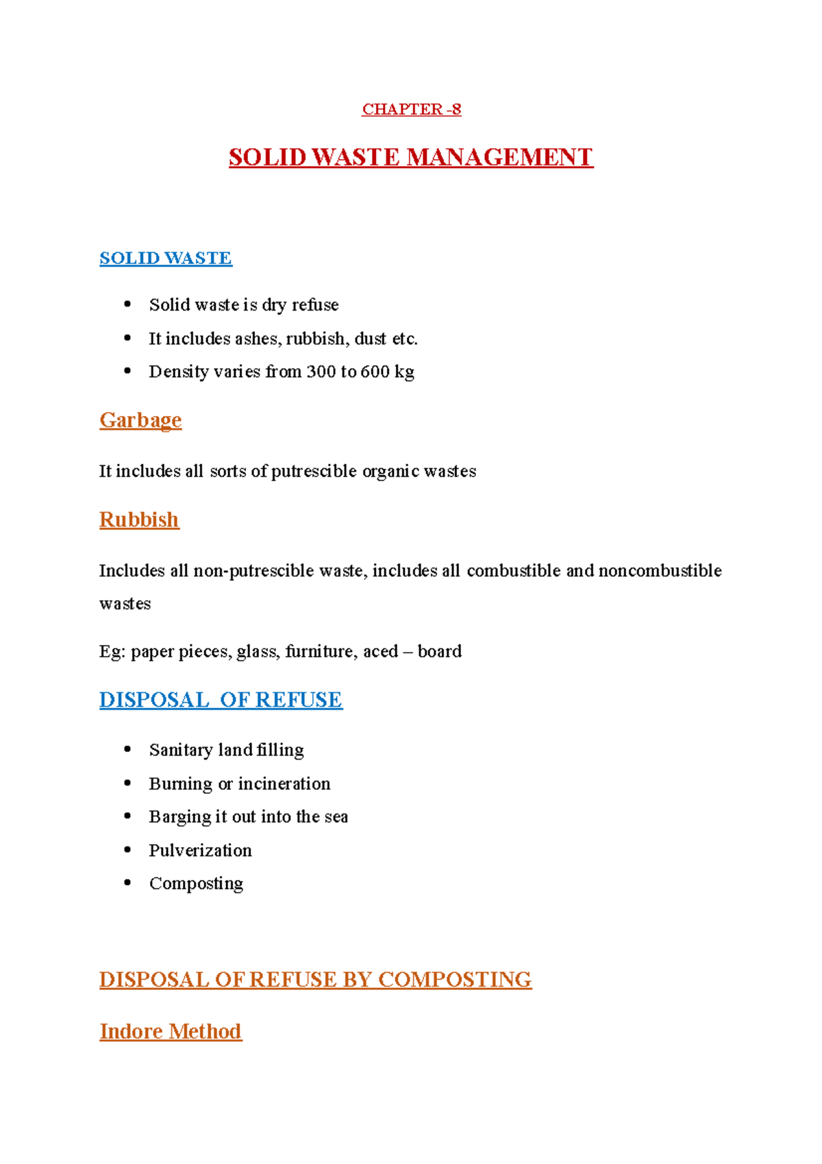 Sanitary Engineering Chapter 8 - CHAPTER - SOLID WASTE MANAGEMENT SOLID ...