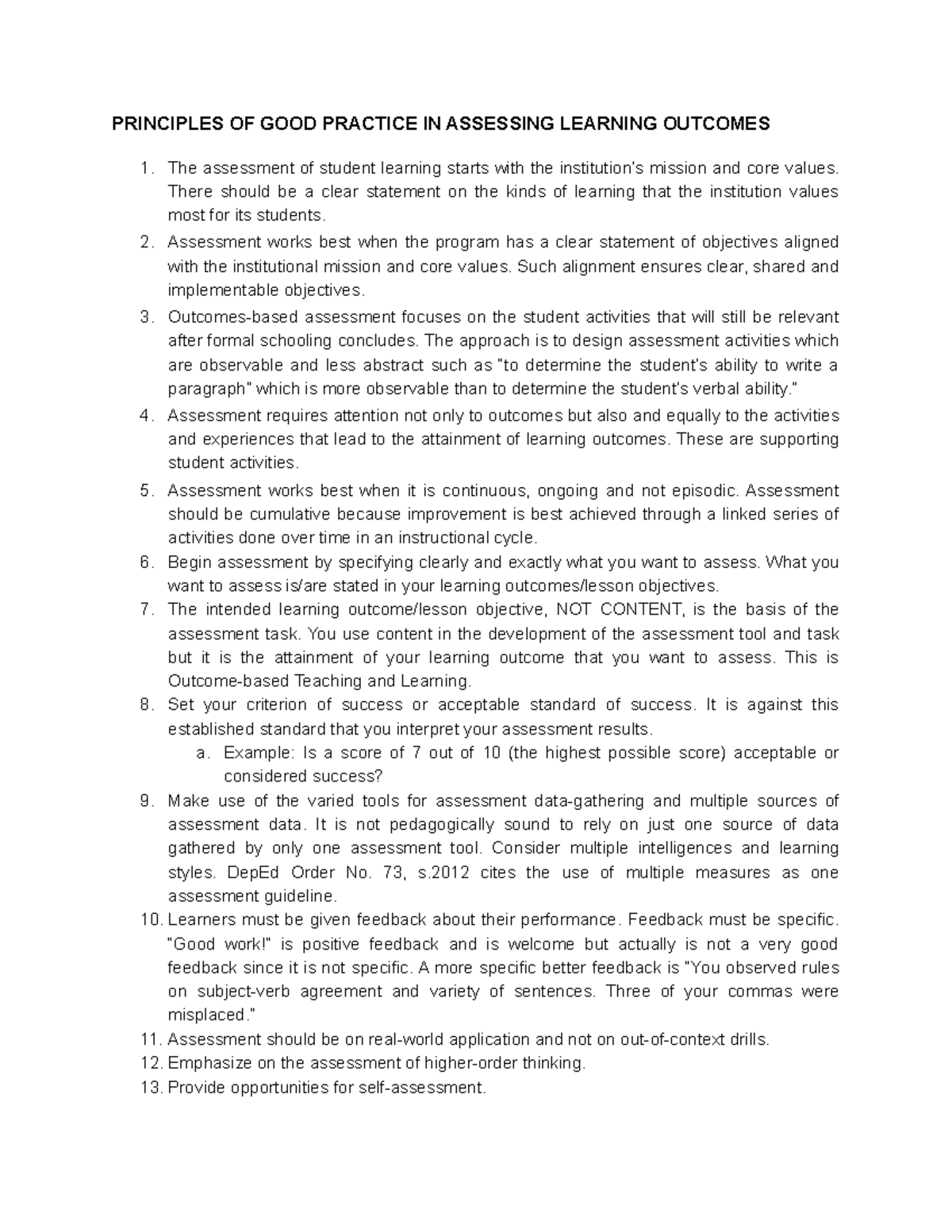 Principles OF GOOD Practice IN Assessing Learning Outcomes - PRINCIPLES ...