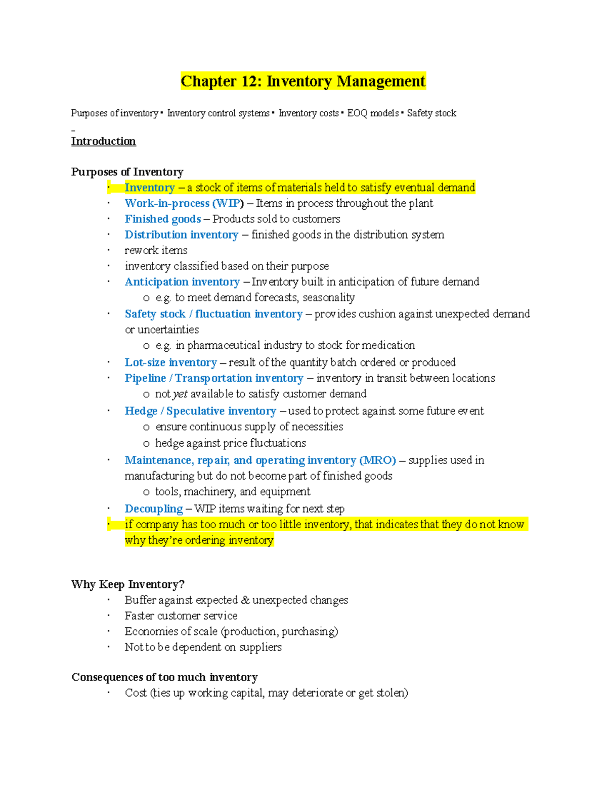 Operations Management An Integrated Approach MOS3330 – Chapter 12 Notes ...