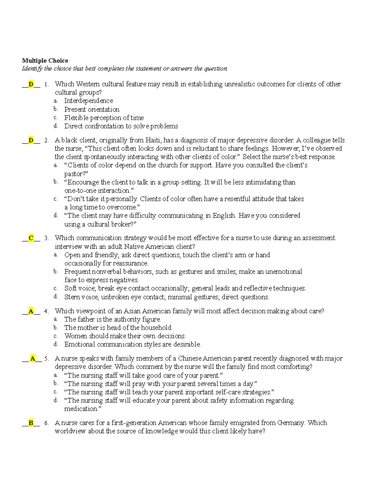 NIQ 1 NUA 423 - n/a - Multiple Choice Identify the choice that best ...
