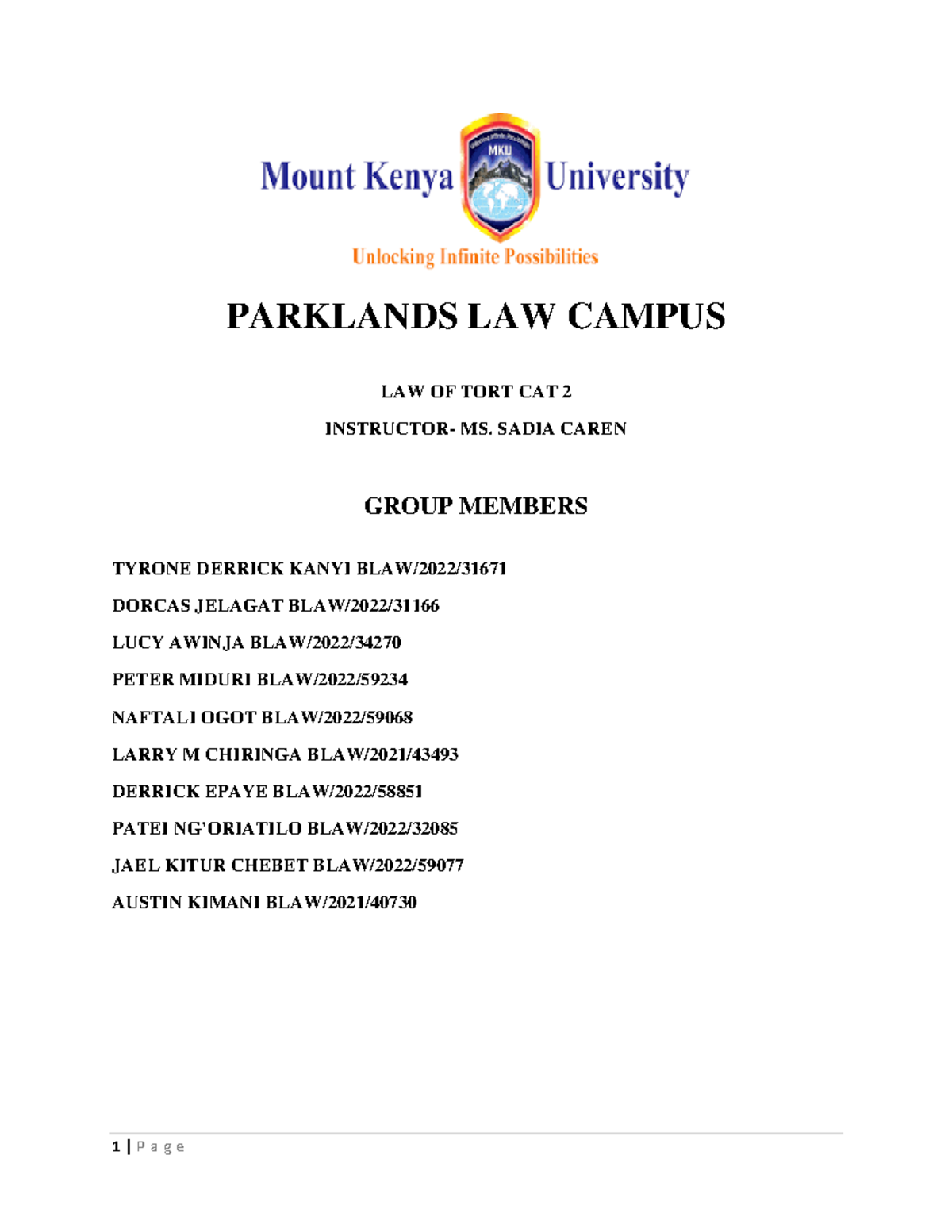 Parklands LAW Campus TORT Assignment Final COPY ONE - PARKLANDS LAW CAMPUS INSTRUCTOR- MS. SADIA ...