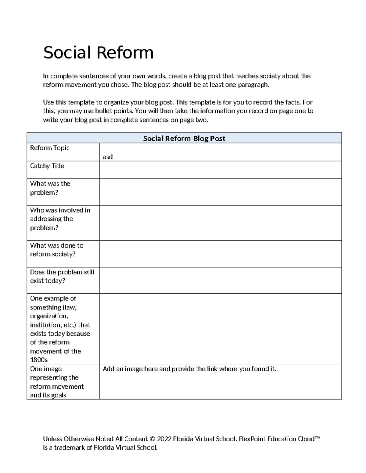 Social reform template - Social Reform In complete sentences of your ...