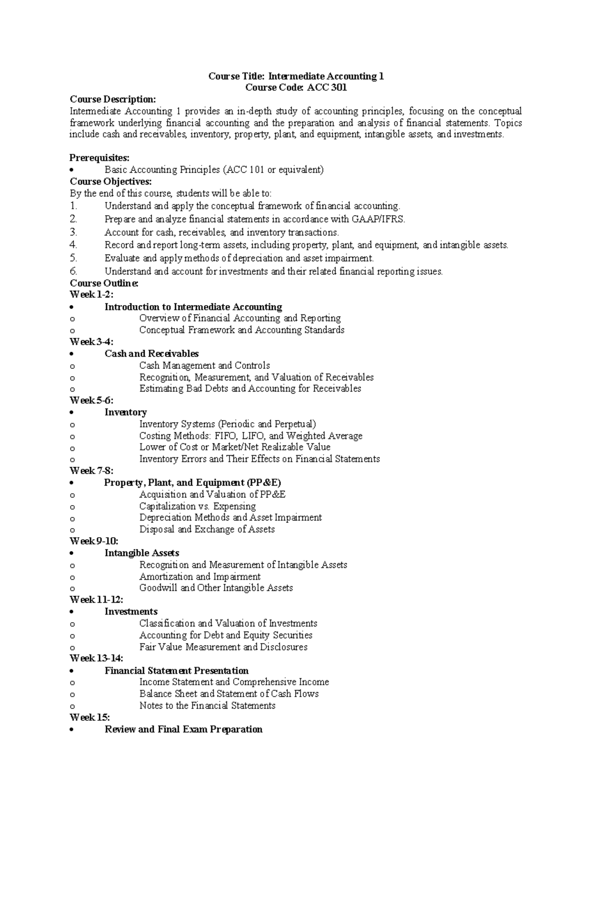 BSA Course Syllabus - Course Title: Intermediate Accounting 1 Course ...