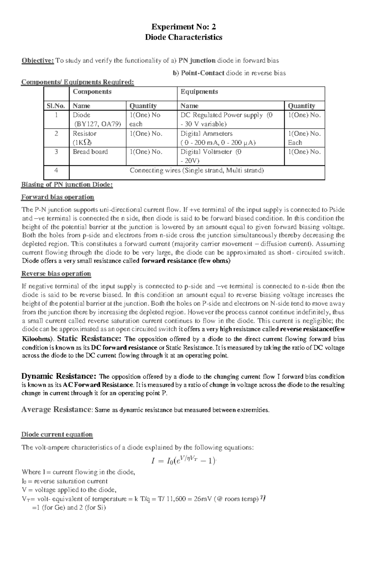 Experiment-NO - Experiment - Experiment No: 2 Diode Characteristics ...