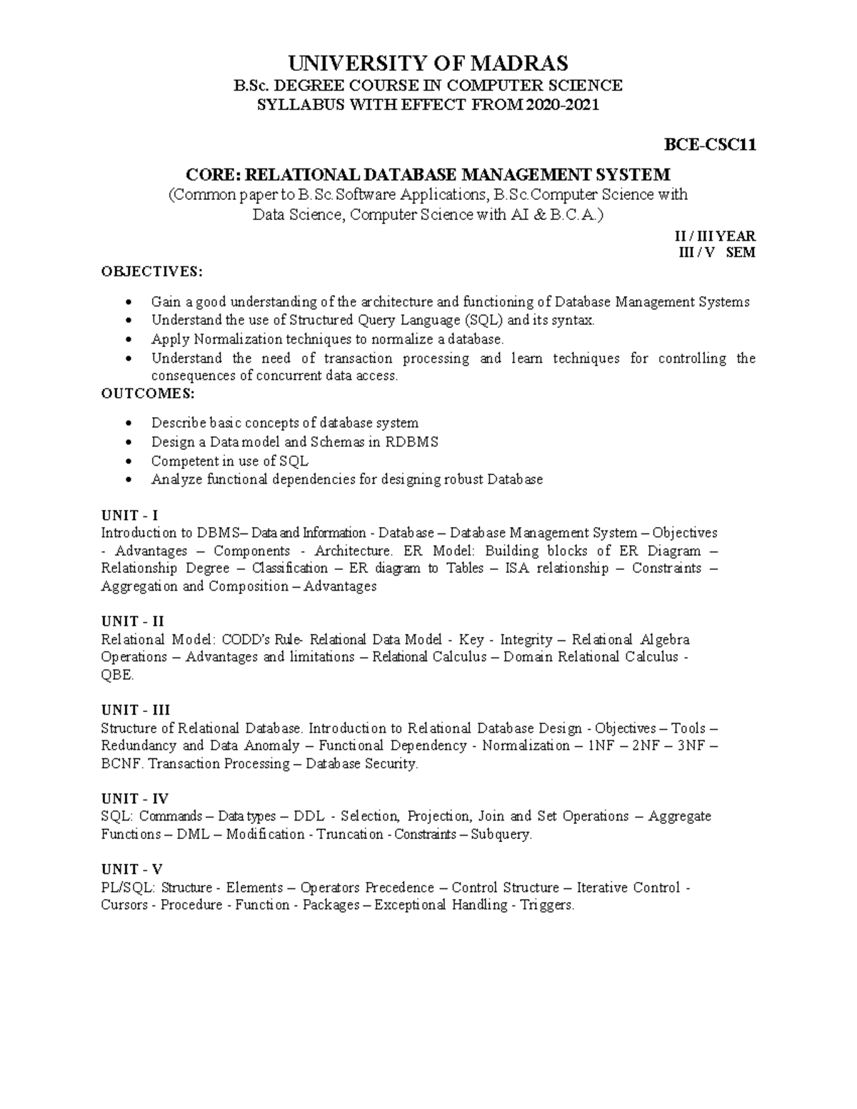 BCE-CSC11 - Rdbms noted - UNIVERSITY OF MADRAS B. DEGREE COURSE IN COMPUTER SCIENCE SYLLABUS ...