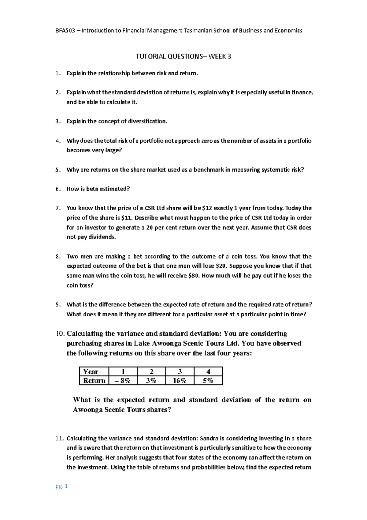 Tutorial Questions Week 3 - BFA503 – Introduction to Financial ...