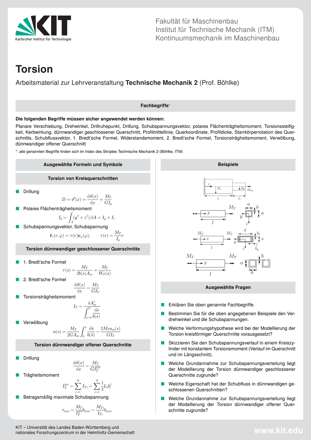 Poster TM2 Torsion - Maschinenbau Institut Technische Mechanik (ITM) Kontinuumsmechanik im - Studocu