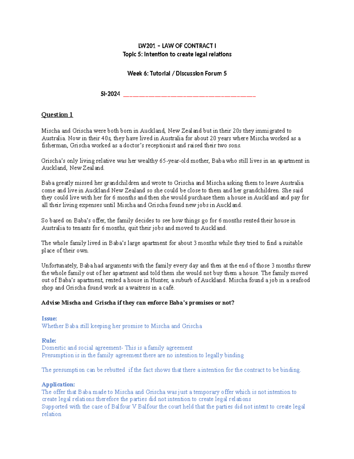 Week 6 - Tutorial 5 - Intention to Create Legal Relations [2024 ...