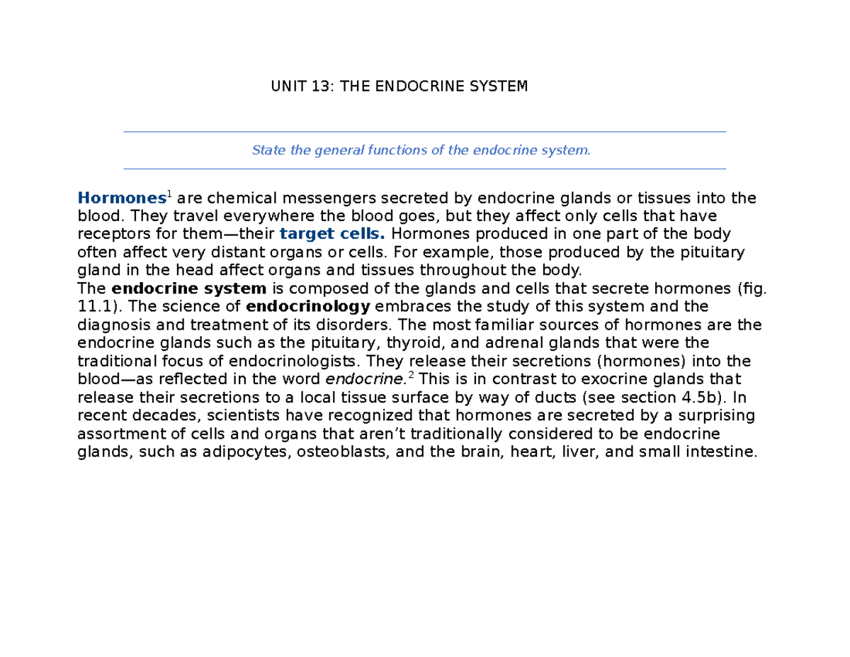 UNIT 13 - endocrine system - UNIT 13: THE ENDOCRINE SYSTEM State the ...