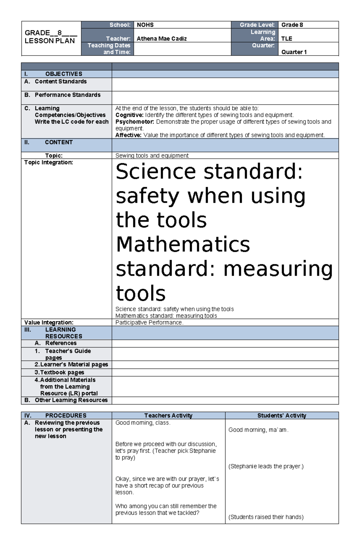 Edtcur Lesson PLAN ( Endterm) - GRADE__8____ LESSON PLAN School: NOHS ...