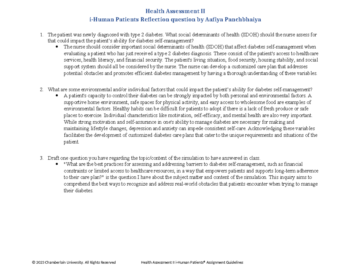 NR304 i Human Patients Reflection question - Health Assessment II i ...