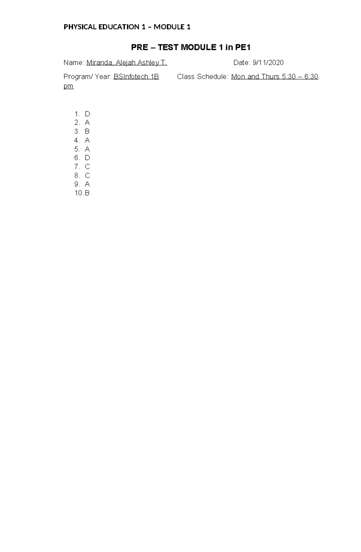 Module 1 Activities IN PE1 - PRE – TEST MODULE 1 in PE Name: Miranda ...