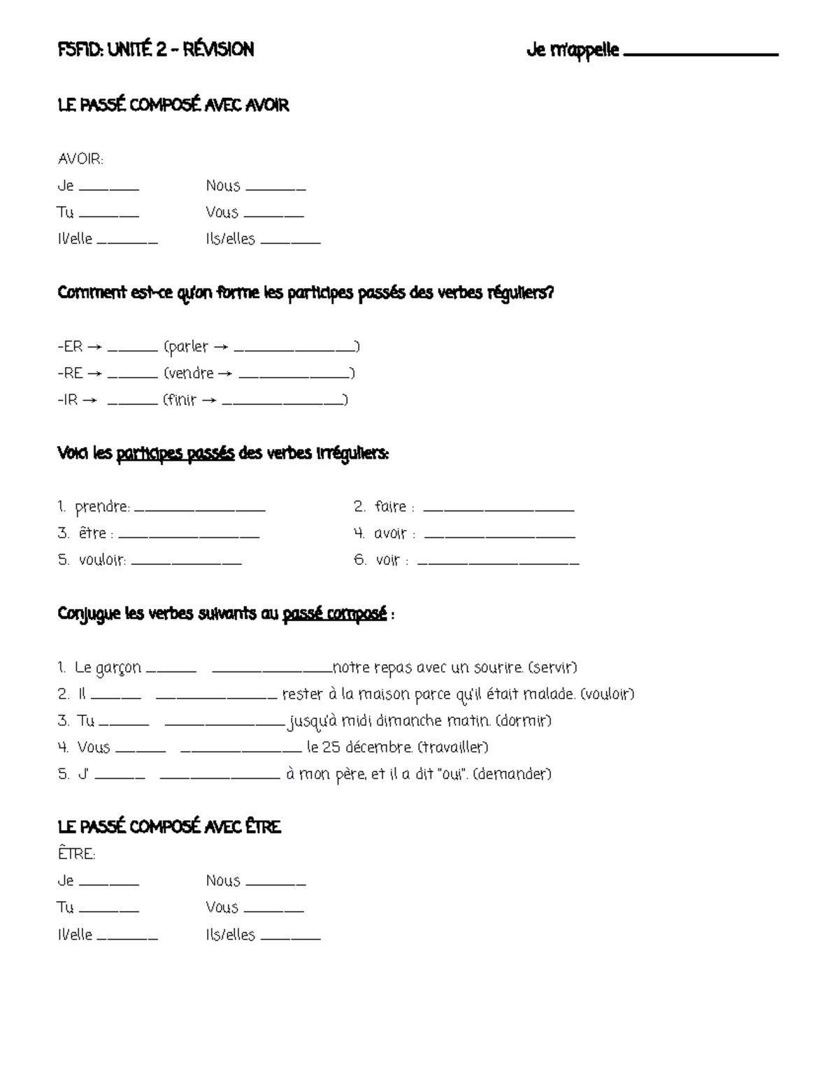 Grammar practice french - FSF1D: UNITÉ 2 – RÉVISION Je m’appelle ...