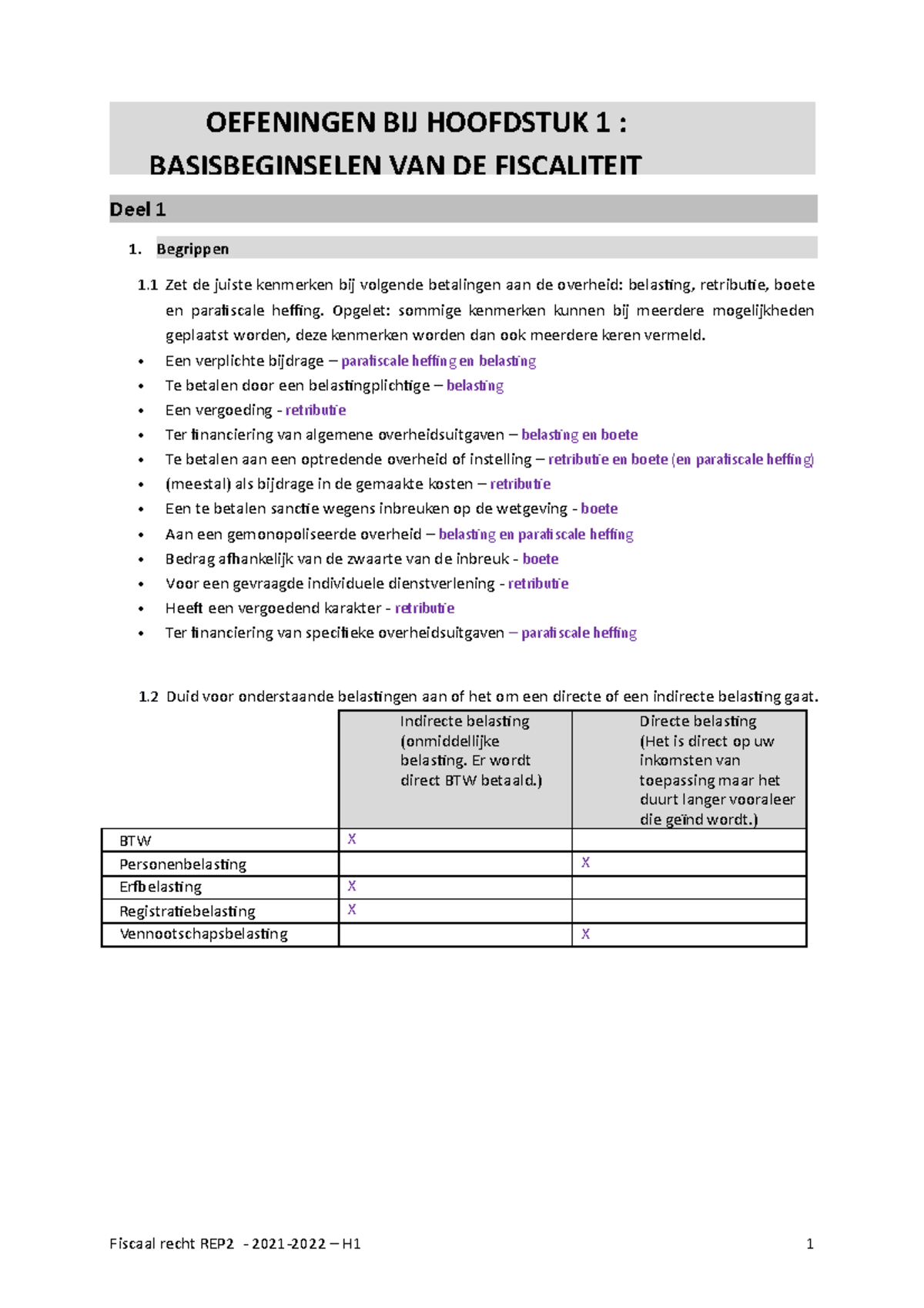 Alle oef en opl Fiscaal recht - Deel 1 Begrippen 1 Zet de juiste ...