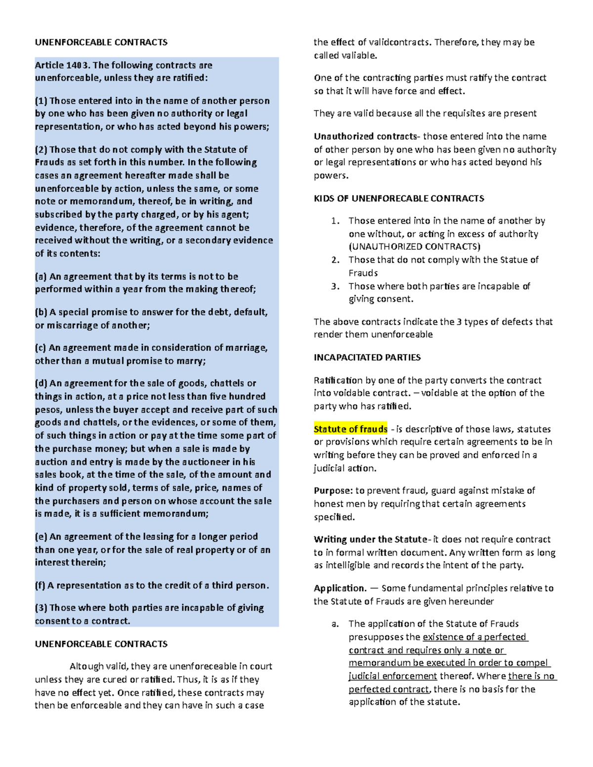 Unenforceable Contracts - UNENFORCEABLE CONTRACTS Article 1403. The ...
