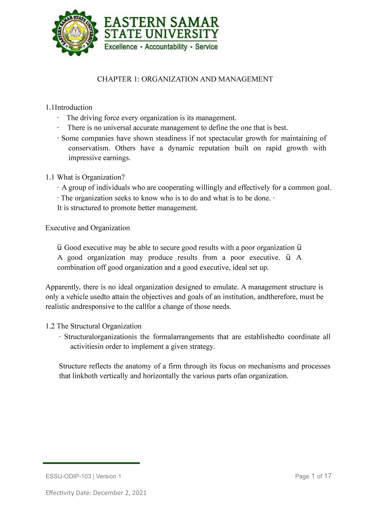 1 - Organization Management - CHAPTER 1: ORGANIZATION AND MANAGEMENT 1 ...