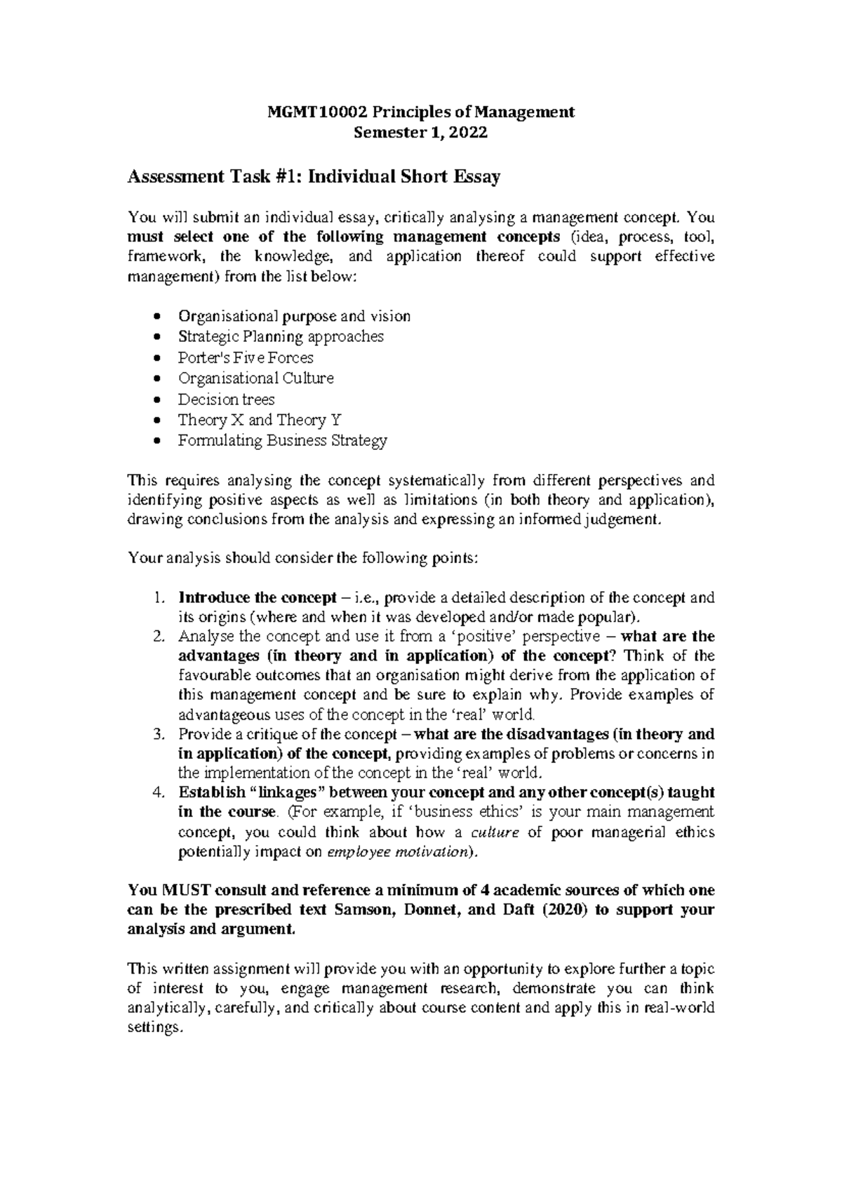Assignment 1 S1 2022 - MGMT10002 Principles of Management Semester 1 ...